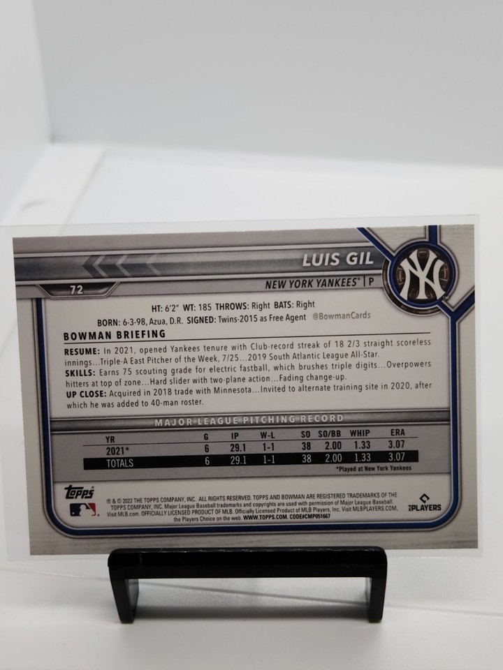 2022 Bowman Luis Gil Rookie New York Yankees #72 | eBay