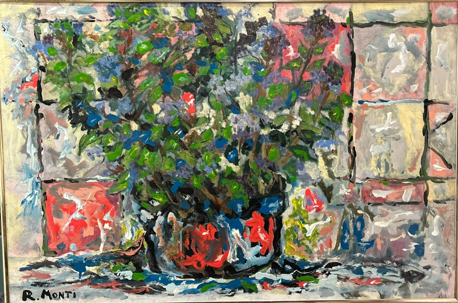 Rocco Monticolo, R Monti, Abstract Still Life Flowers in Vase Oil ...