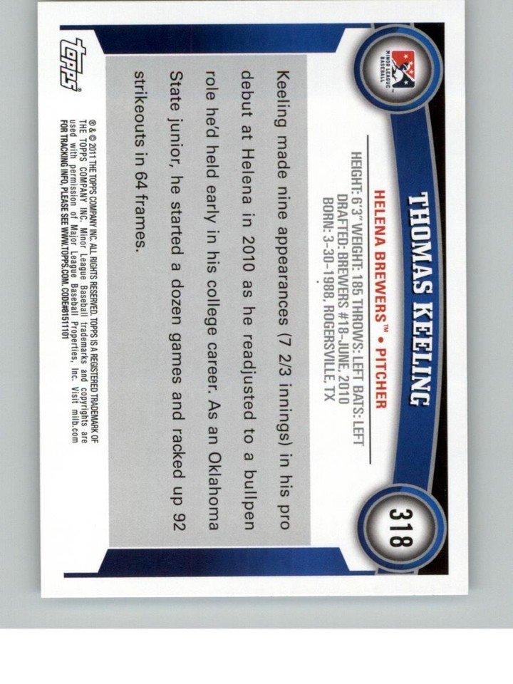 2011 Topps Pro Debut Thomas Keeling 318 Helena Brewers | eBay