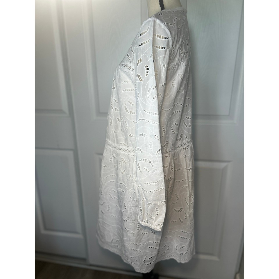LOFT White Eyelet Cotton Boho Dress Size M Long Sleeve Lined Tiered Fit ...