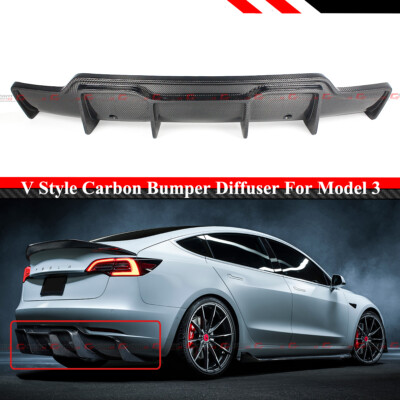FOR 2017-2023 TESLA MODEL 3 V STYLE CARBON FIBER REAR BUMPER DIFFUSER ...
