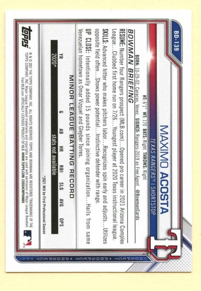Maximo Acosta 2021 Bowman Draft #BD-139 Texas Rangers Prospect card | eBay