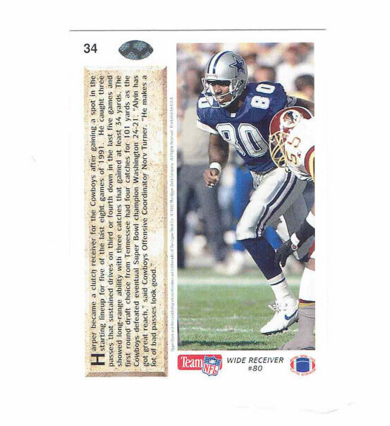 Alvin Harper Dallas Cowboys #80 WR #34 Rookie Upper Deck 1992 Football ...