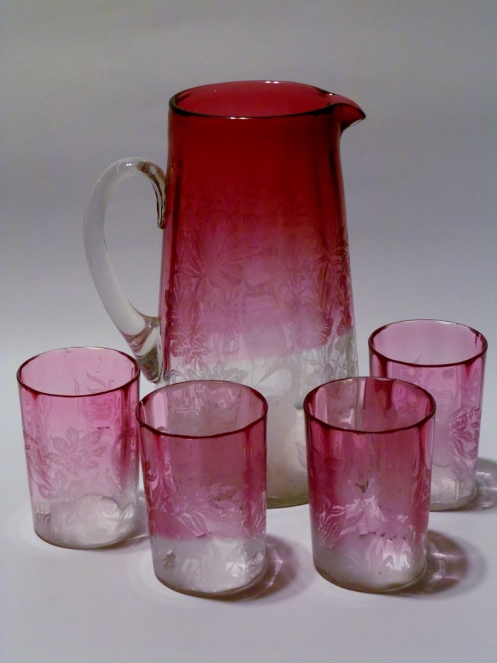 5pc Pitcher Tumblers set Northwood Rubina Glass Etched Aurora Bird ...