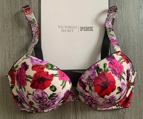 32B Victoria Secret Very Sexy Satin Shine Strap Push Up Floral Bra NEW ...