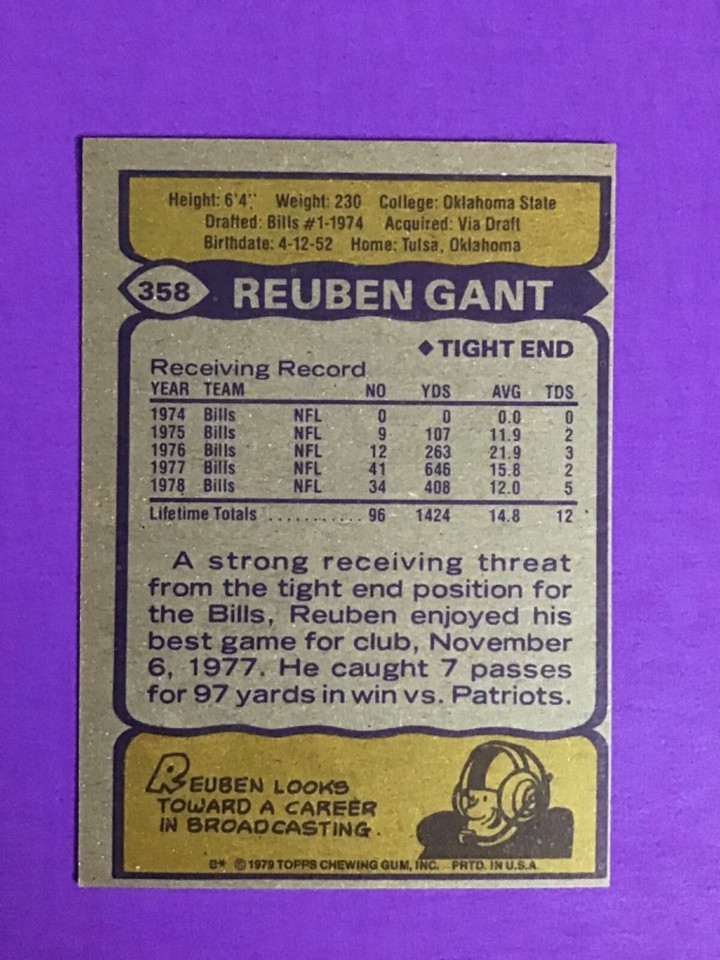 1979 TOPPS FOOTBALL SET BREAK CARD # 358 Reuben Gant | eBay