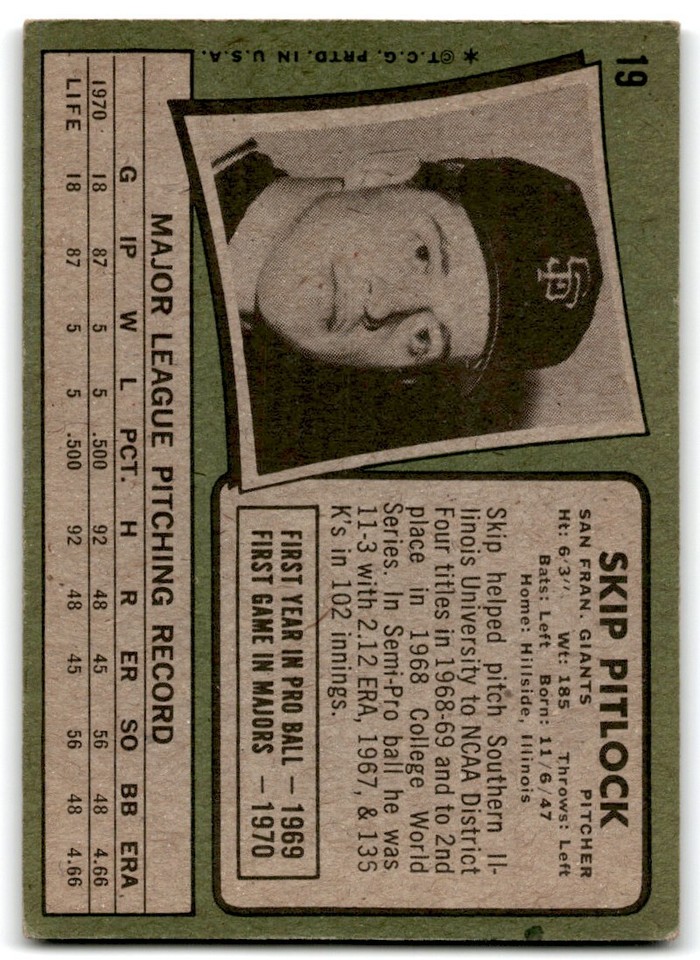 1971 Topps Skip Pitlock Rookie San Francisco Giants #19 | eBay
