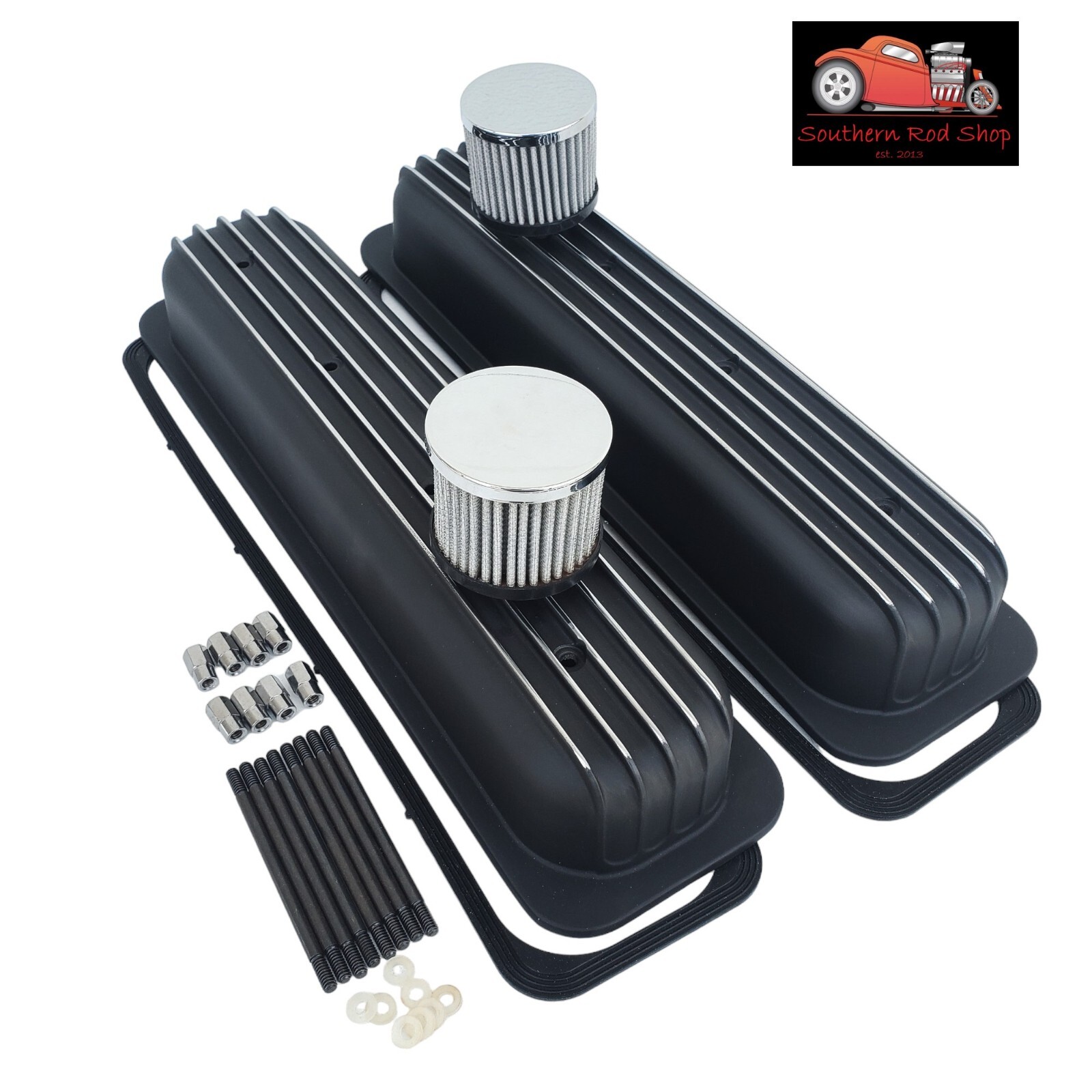 Small Block Chevy Short Finned Black Aluminum CENTER BOLT Valve Covers ...