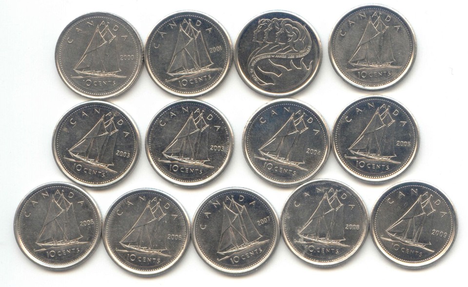 1968 1969 1971-1982 1984-1995 1998-2016 2018-2022 Canadian Dimes 10c 53 ...