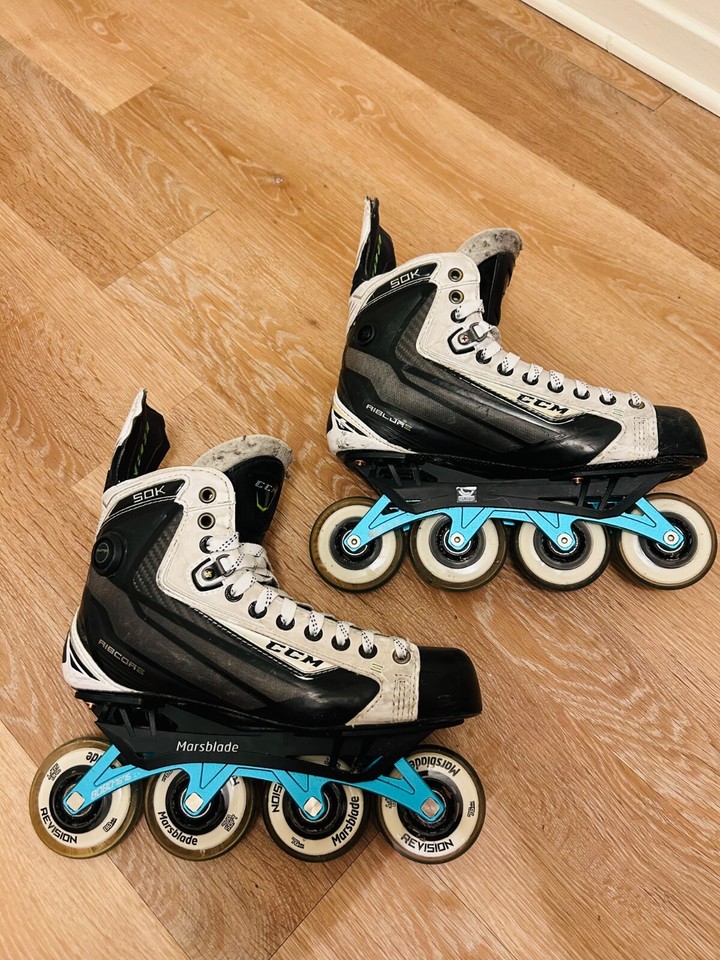 CCM White Ribcor 50K Skates with MarsBlade R1 Chassis 9.5D | eBay