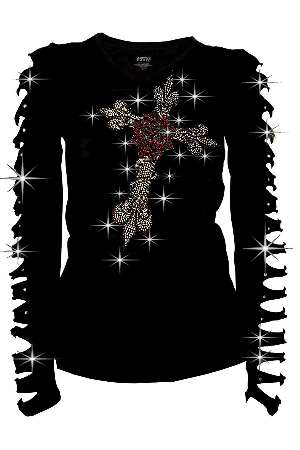 Bling Bling Rhinestone T-Shirt Rose & Fleur & Cross Ripped Cut Out Long ...