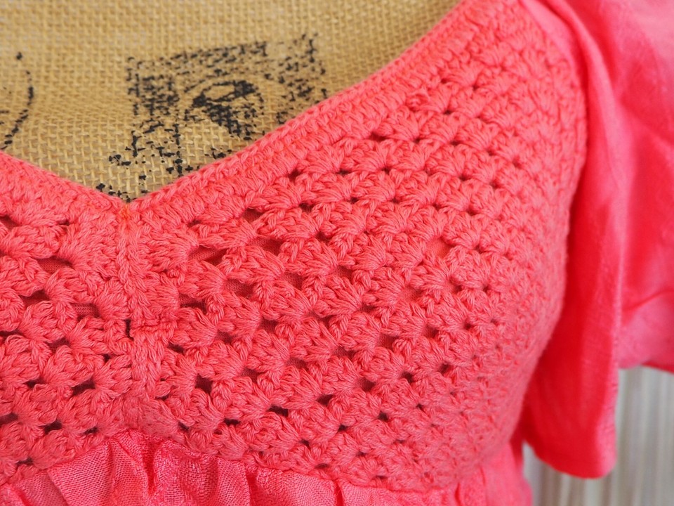 Coral Pink Crochet Bust Flutter Sleeve Hem Festival Crop Top Smocked ...