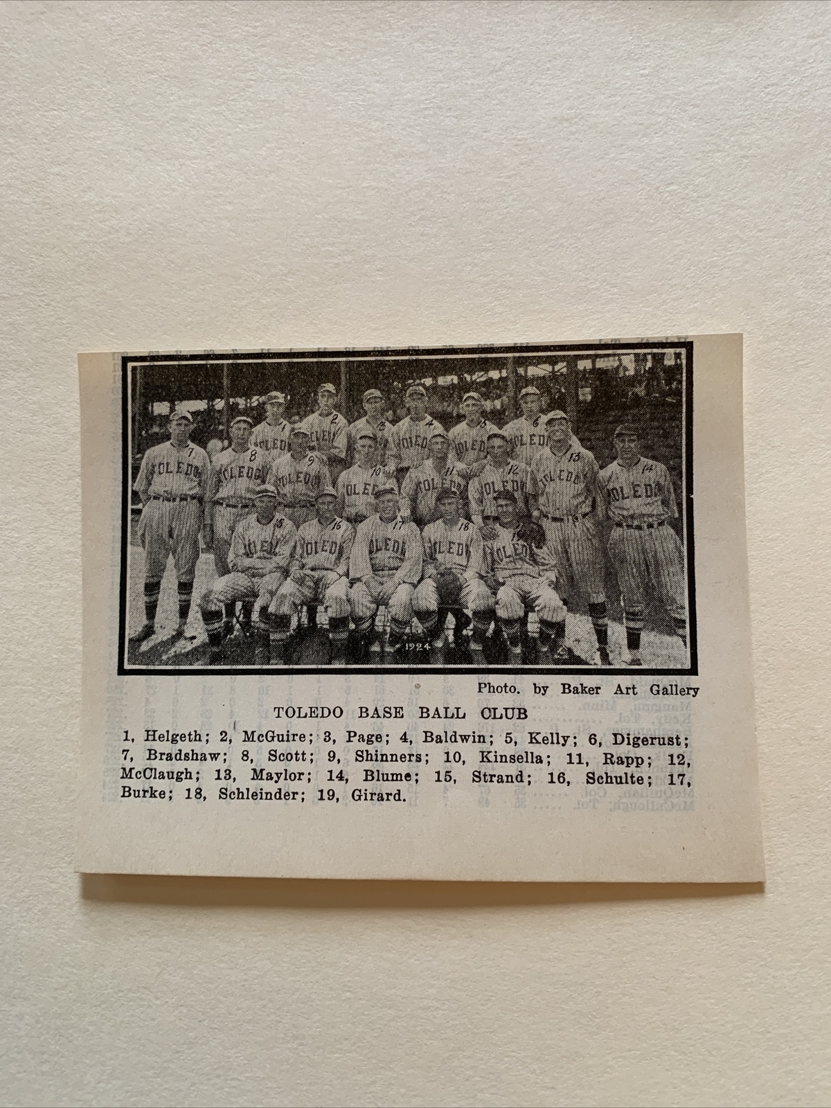 Toledo Mud Hens Jack Scott Rollie Naylor G. Rapp 1924 Baseball Team ...