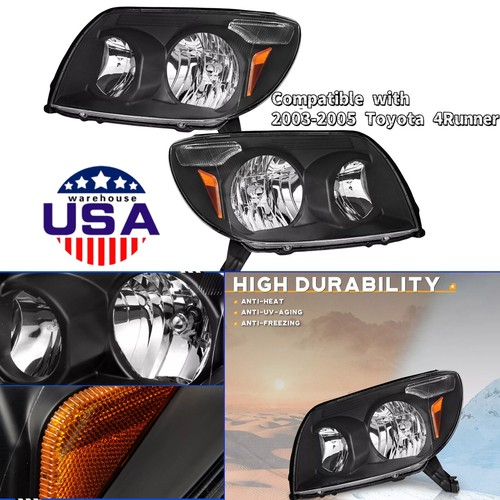 UV-Resistant Headlights Lamps for Toyota 4Runner 03-05 Black/Amber Lens ...