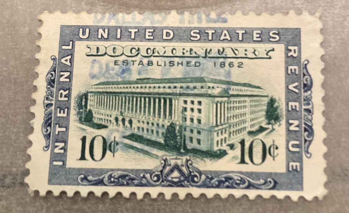 VINTAGE UNITED STATES INTERNAL REVENUE DOCUMENTARY 10 CENT STAMP CENTS ...