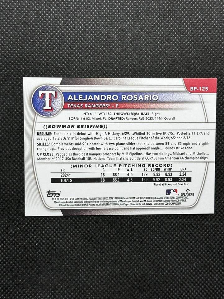 2025 Bowman Alejandro Rosario Texas Rangers Prospects #BP-125 | eBay
