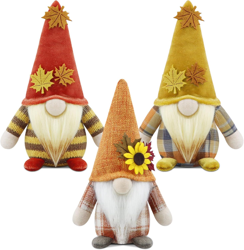 Set of 3 Autumn Gonks Decoration Maple Leaf Flower Gnome Plush Handmade ...