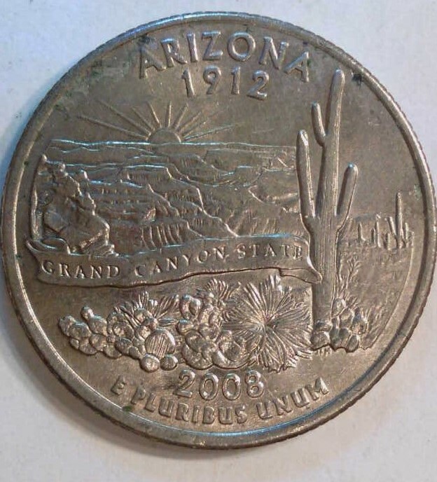 2008 P Arizona Quarter EXTRA CACTUS LEAF die chip over initials ...