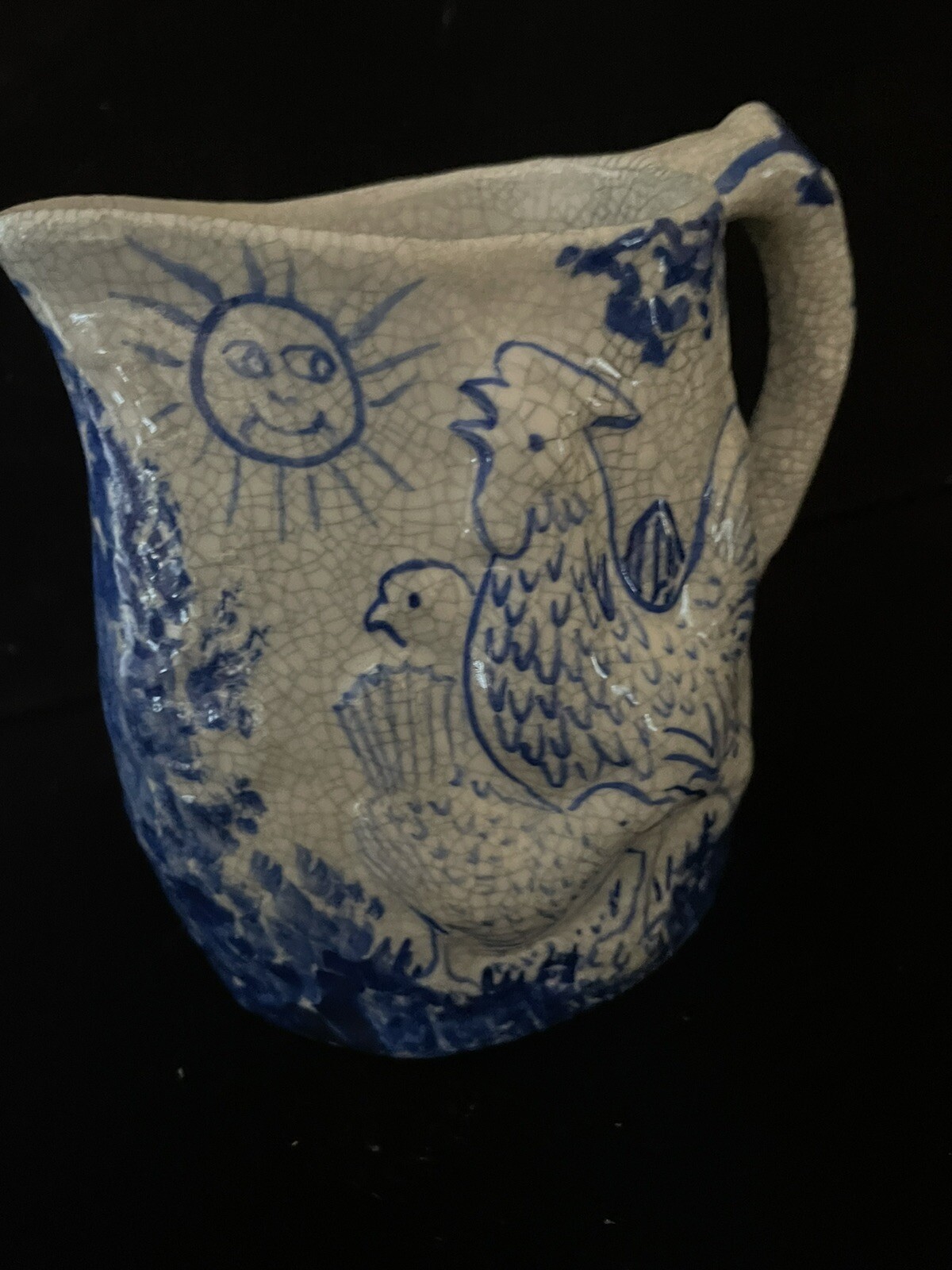 Dedham Pottery Antique Blue Rooster White Owl Day &Night Pitcher Mint ...