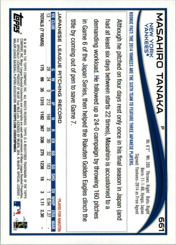 A9540- 2014 Topps Target Red Border #661 Masahiro Tanaka - NM-MT ...