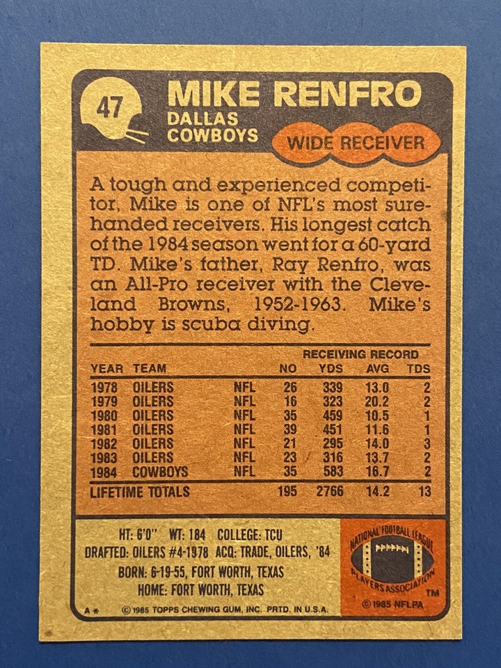 MIKE RENFRO Signed 1985 Topps #47 Oilers Cowboys TCU Horned Frog ...