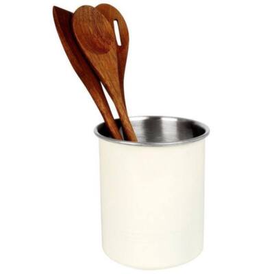 Cream Utensil Holder Kitchen Storage Pot Caddy Metal & Free Acacia Wood ...