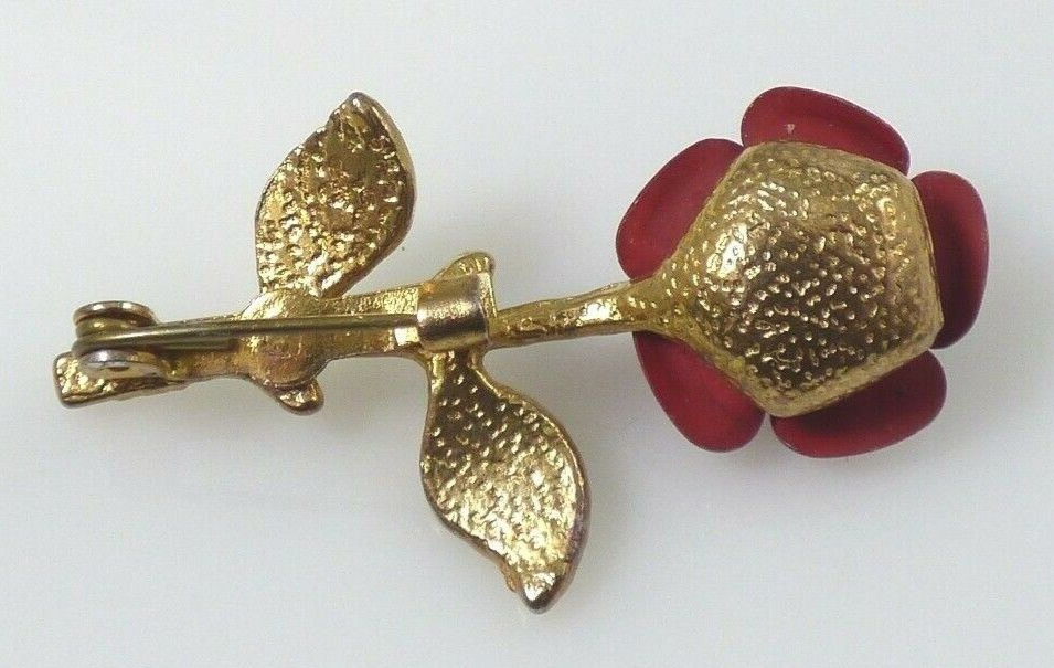 Rose Brooch Pins Gold Tone Metal with Leaves Stems Red Enamel Lot of 2 ...