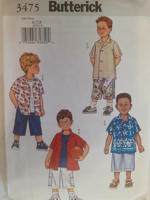 Butterick 3475 Boy's Shirt and Shorts Sewing Patterns - Size 6-8 for ...