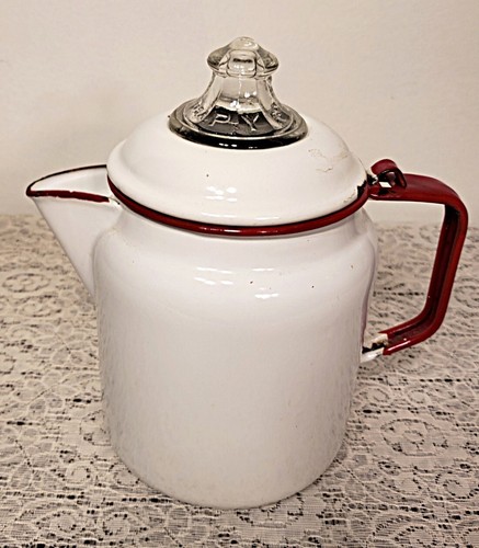 Vintage enamelware Coffee Pot PYREX glass percolator red & white / wood ...