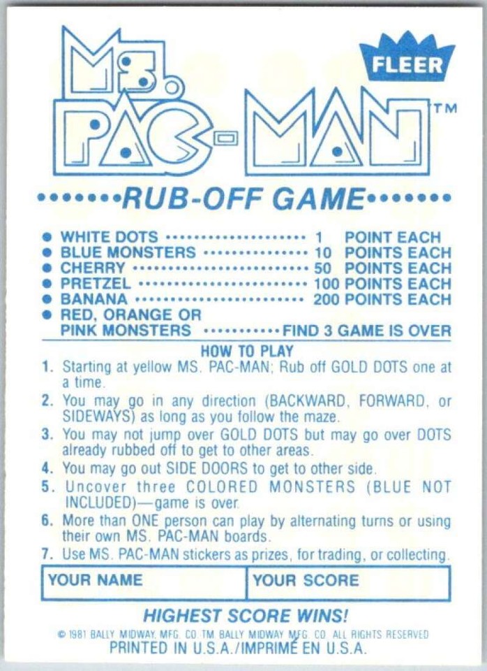 1981 Fleer Ms. Pac-Man Act 1 Rub-Off Game Card Unscratched V44865 | eBay