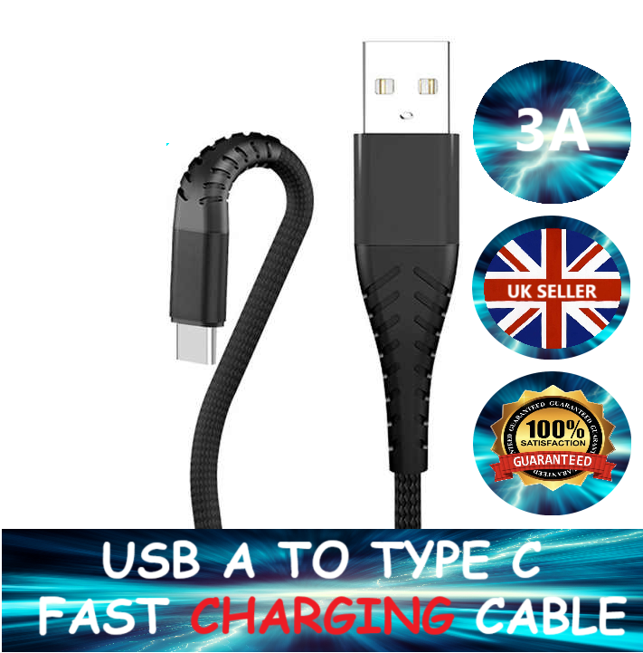USB A to Type C Cable 3A Fast Charger Braided 1M 2M for Android Samsung ...