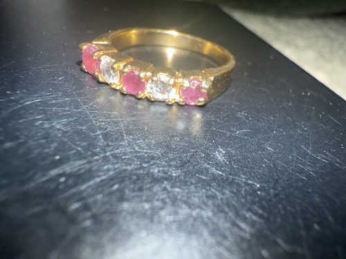 Beautiful Simulated Ruby and Cubic Zirconia Ring 14k HGE Yellow Gold ...