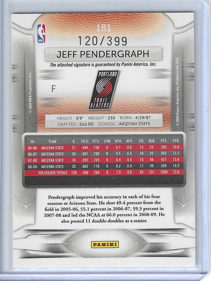 2009-10 Panini Prestige Jeff Pendergraph Rookie Draft Picks Auto /399 ...