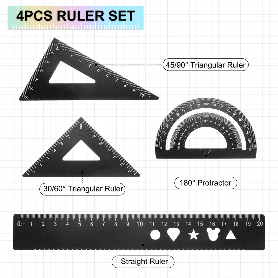 4pcs Triangular Ruler Set 20mm Aluminum Ruler Protractor Triangle Ruler ...