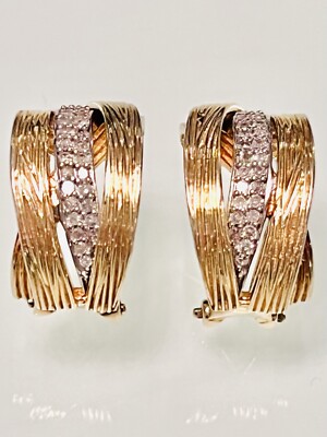 💎DIAMOND💎14KT/OVER 925 SS~TEXTURED HALF HOOP OMEGA BACK POST EARRINGS ...