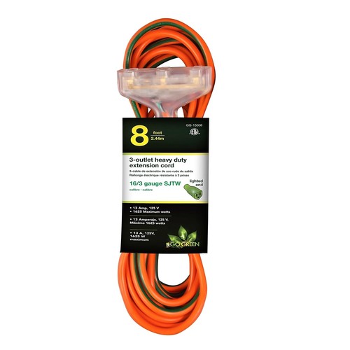 GoGreen Power (GG-15008) 16/3 8' 3-Outlet Heavy Duty Extension Cord ...