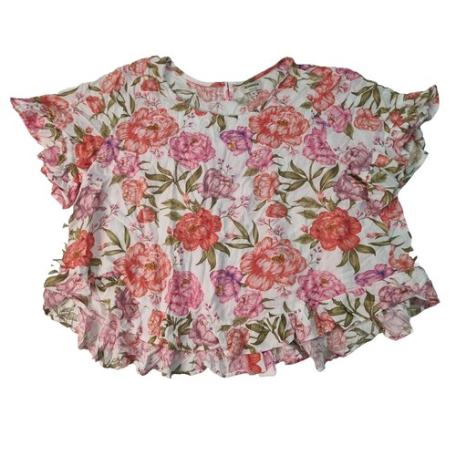 Avamia Size 12 Top Blouse Boho Floral Short Sleeve Ruffle Trim Relaxed ...