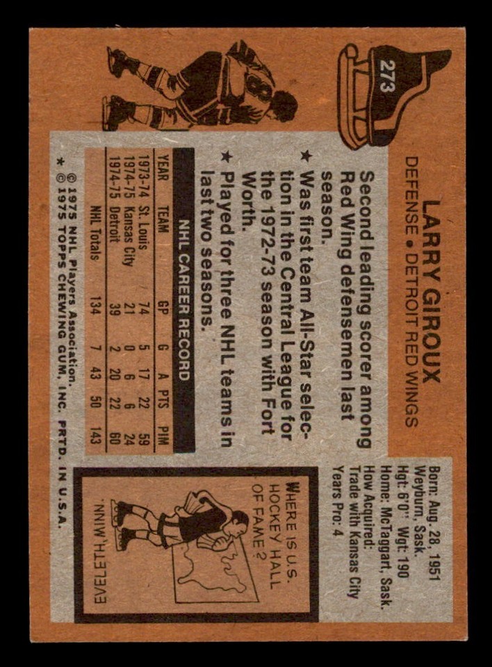 1975 Topps Hockey #273 Larry Giroux EX/MT *d2 | eBay