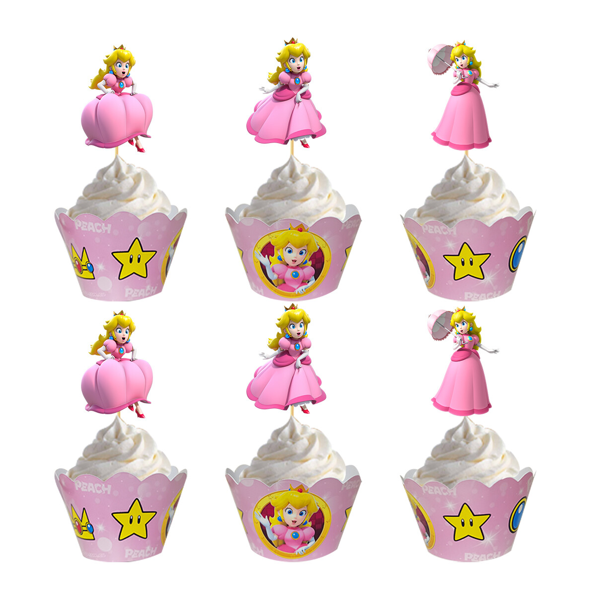12x Princess Peach Cupcake Wrapper & Topper. Party Lolly Loot Bag Cake ...