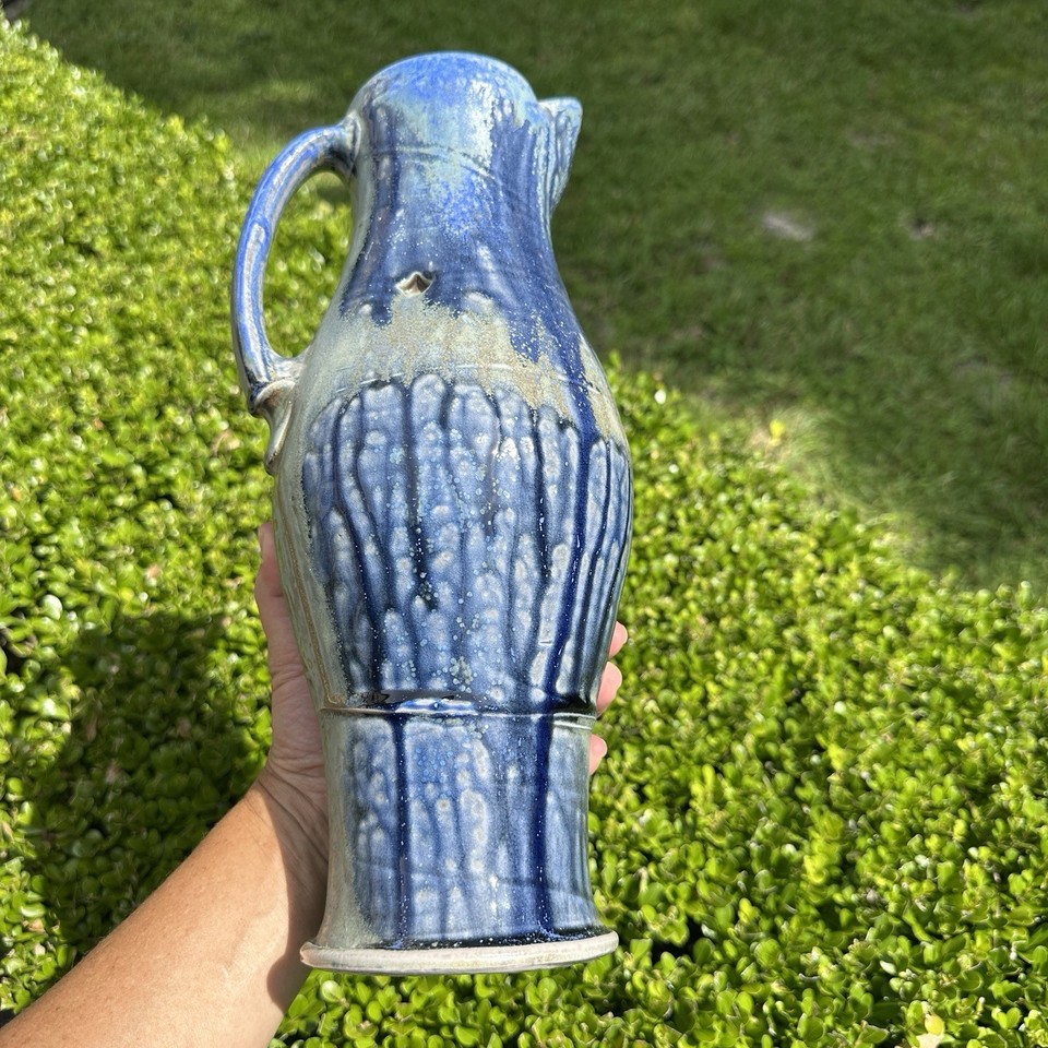 Tim Sherman Studio Pottery Pitcher Wood Fired Blue Drip Ash Glaze ...