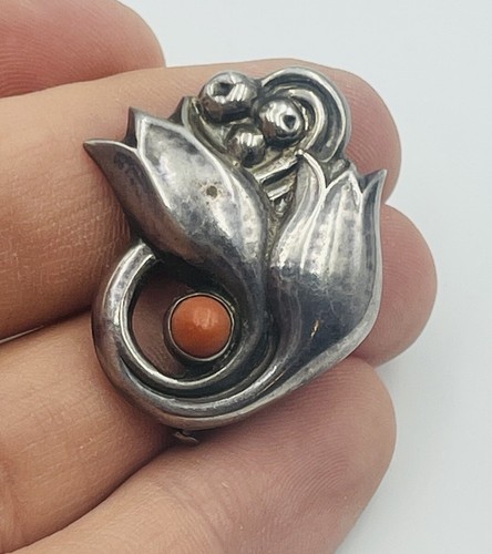 Georg Jensen Denmark Antique Sterling Silver & Coral Tulip Pin 100A ...