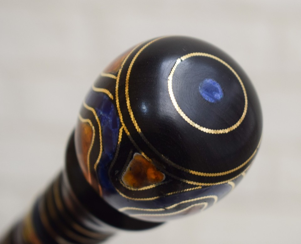 Handmade Ebony Wood Walking Cane: Lapis and Amber Inlay Round Handle ...