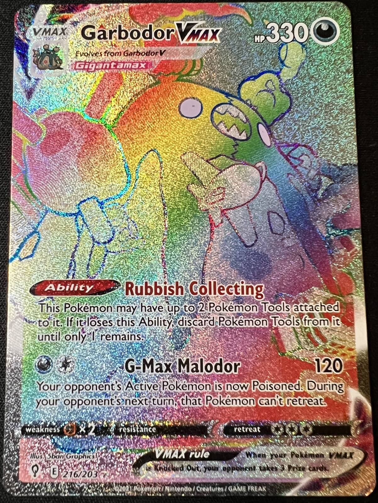 Garbodor Vmax 216/203 Evolving Skies NM Full Art Secret Rainbow Rare ...