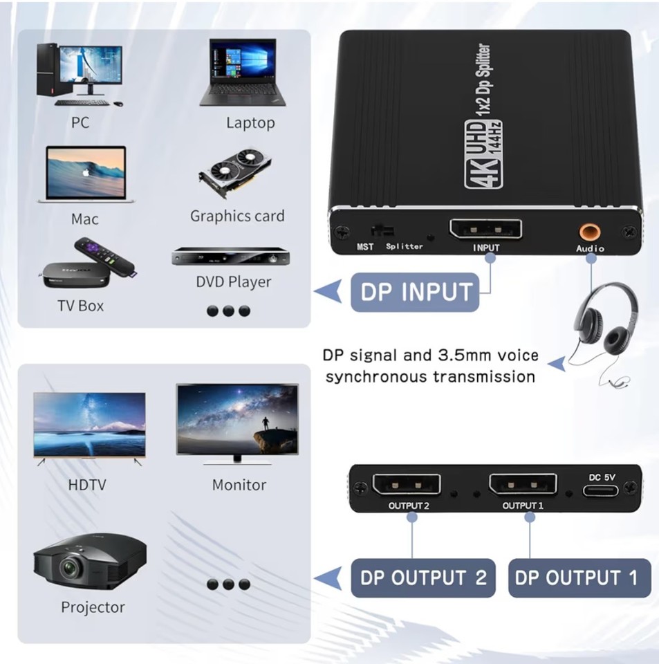 DisplayPort to Dual Displayport Splitter Adapter Support MST Extend ...