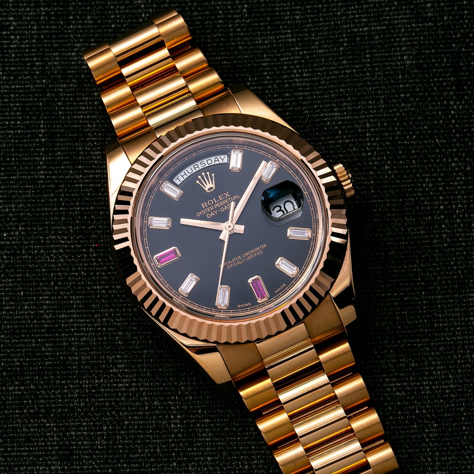 Rolex Day-Date II 41mm Black Diamond Ruby Dial Rose Gold - 218235 | eBay