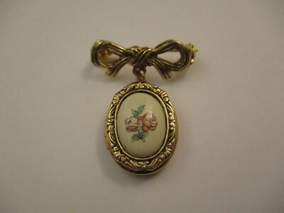 Vintage Gold Tone Locket Brooch Pin White Porcelain Pink Rose Flower | eBay