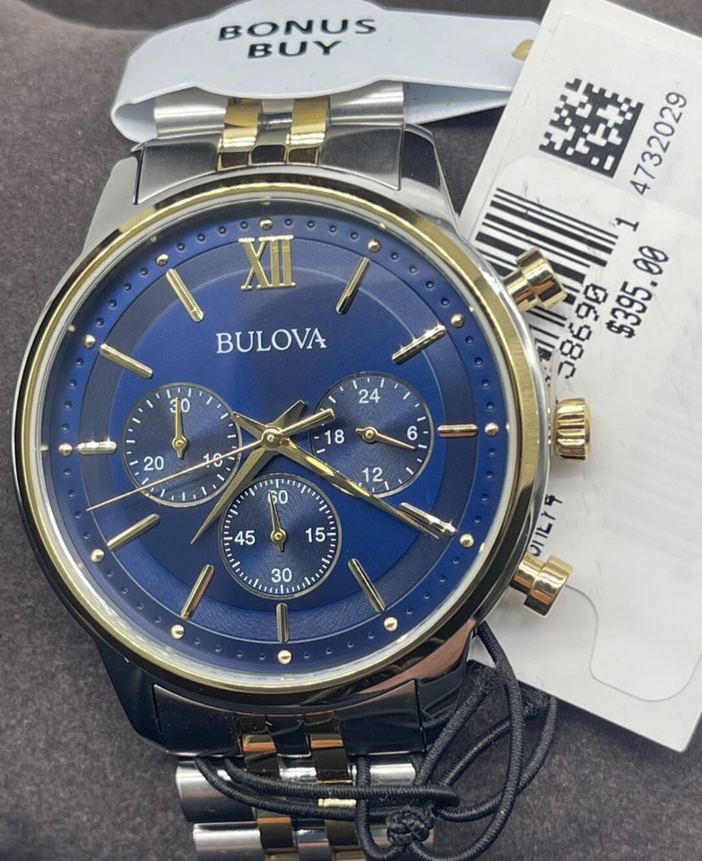 $395 Bulova Chronograph Blue Dial Two-Tone GOLD-Stainless 98A274 Men's ...