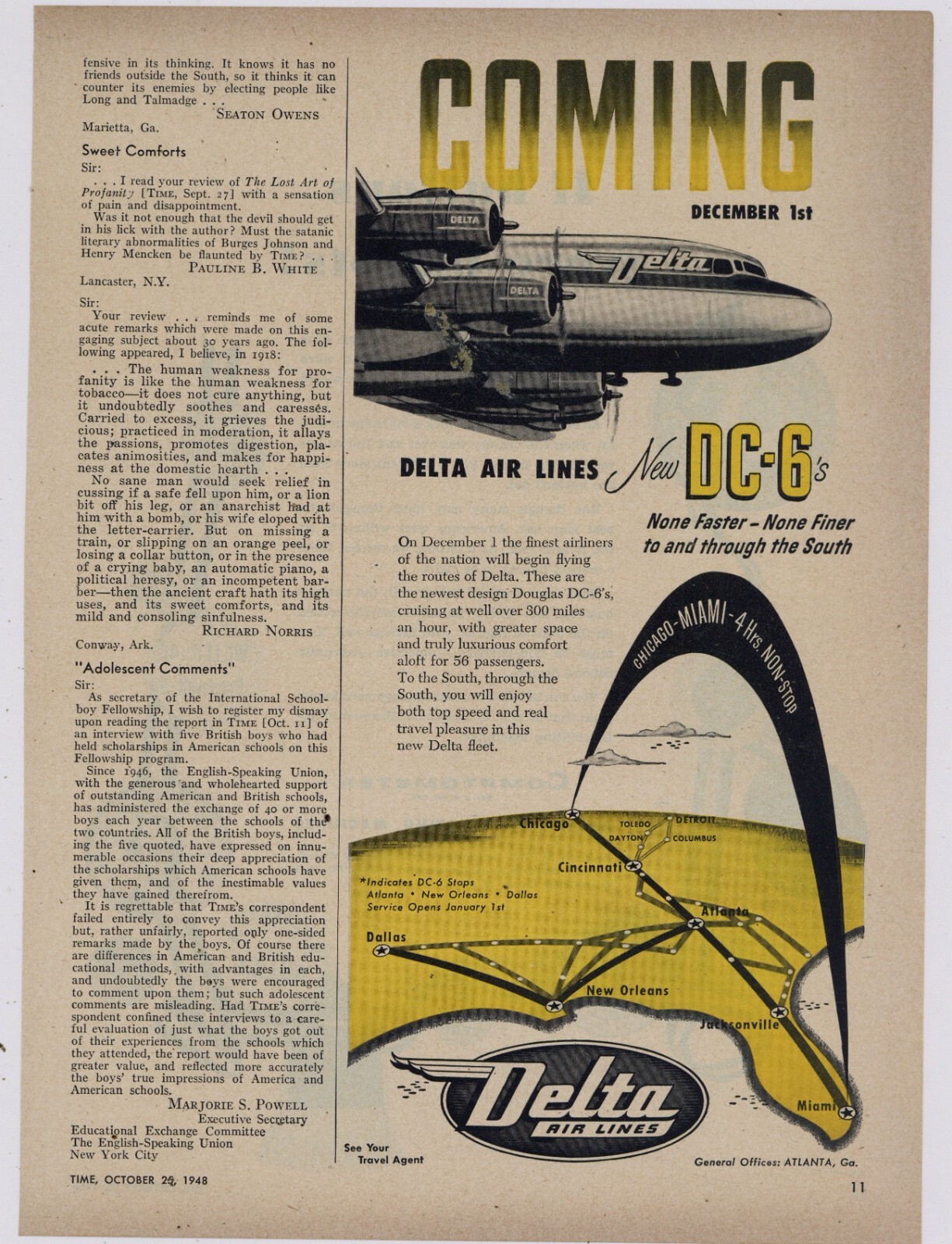 1948 Delta Airlines Ad: Intro of Douglas DC-6 for Chicago to Miami Non ...