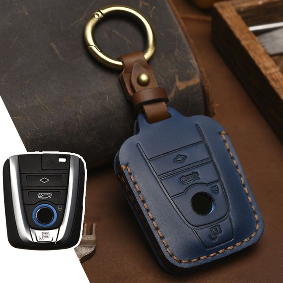 Blue Leather Car Remote Key Fob Case Cover Keychain Shell For BMW I3 I8 ...