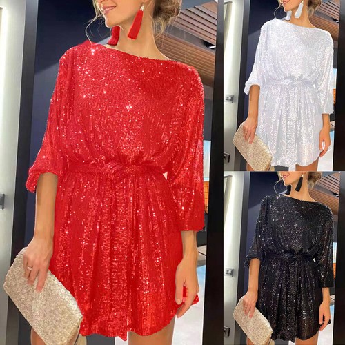 Femmes Paillettes Ceinture Cocktail Mini Robe Chemises Robes À Manches ...